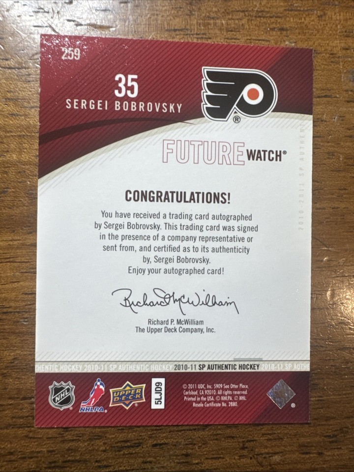 2010-11 SP Authentic Future Watch Auto Sergei Bobrovsky RC #/999 No 259 ...
