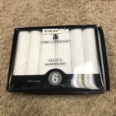 UMO LORENZO ITALY HANDKERCHIEFS WHITE HANKIES SET OF 6 100% COTTON NEW ...