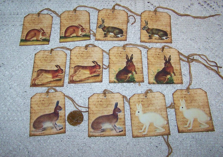 12~Easter~Primitive~Bunnies~Rabbits~Hares~Linen Cardstock~Gift~Hang ...