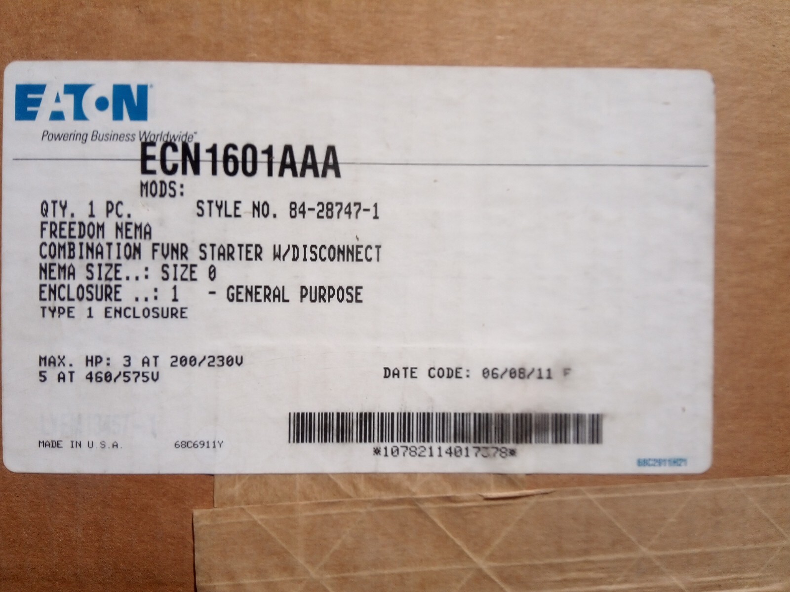 Eaton ECN1601AAA Size 0 120v Coil Non Fused 3ph Combination Motor ...