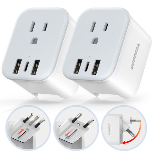2 Pack Foldable European Travel Plug Adapter with 3 USB (1 USB-C Port ...