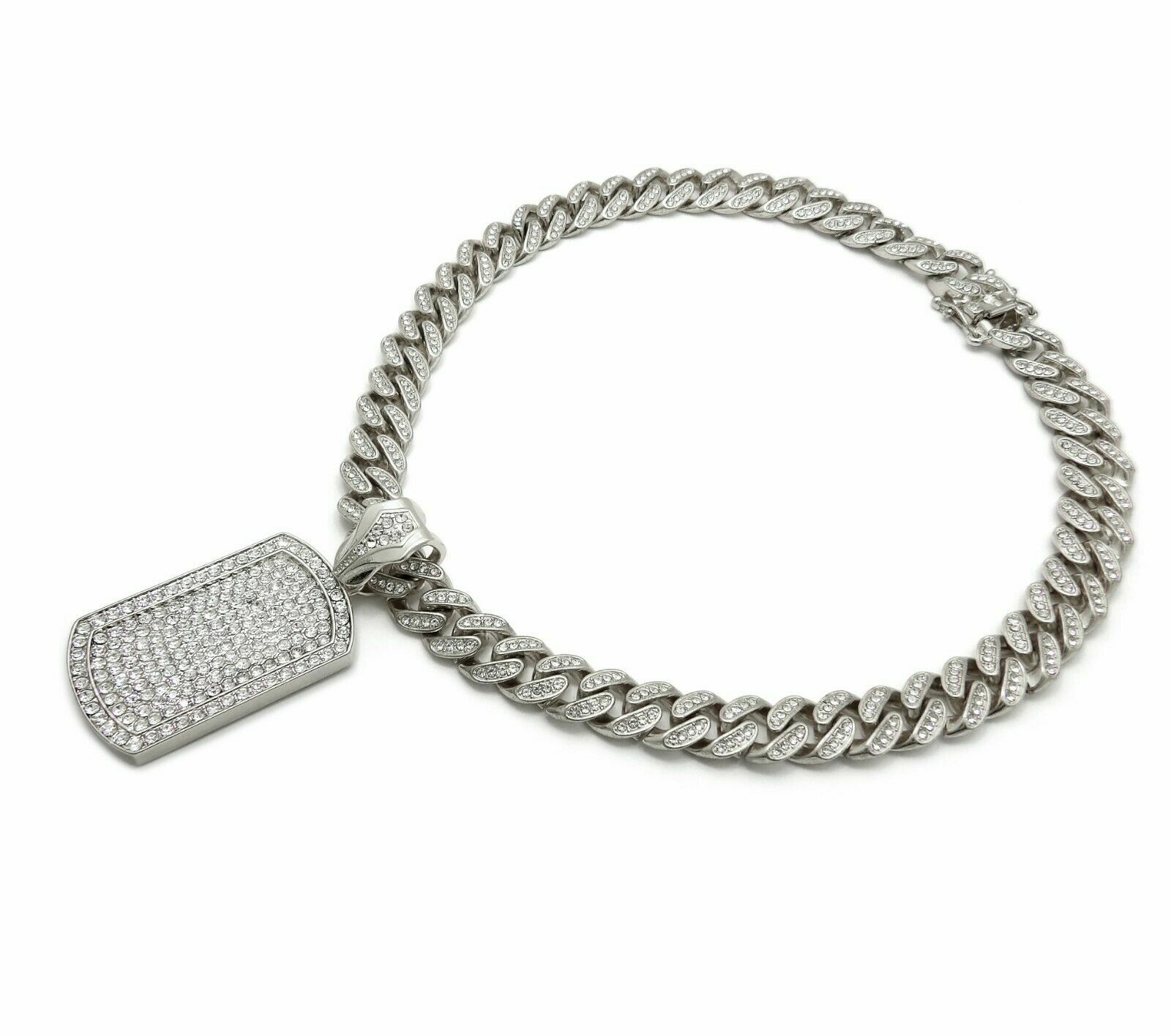 Hip Hop Dog Tag Bling pendant & 12mm 18" Full Iced Cuban Choker Chain ...