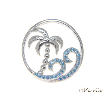 925 Silver Hawaiian Palm Tree Genuine Blue Topaz Ocean Wave Pendant | eBay