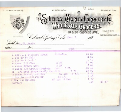 c1895 Shields-Morley Grocery Colorado Springs Letterhead M.H. Keefe ...