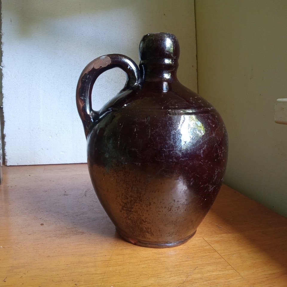 1840s EARLY REDWARE OVOID HAND THROWN POTTERY SMALL JUG WITH UNUSUAL ...