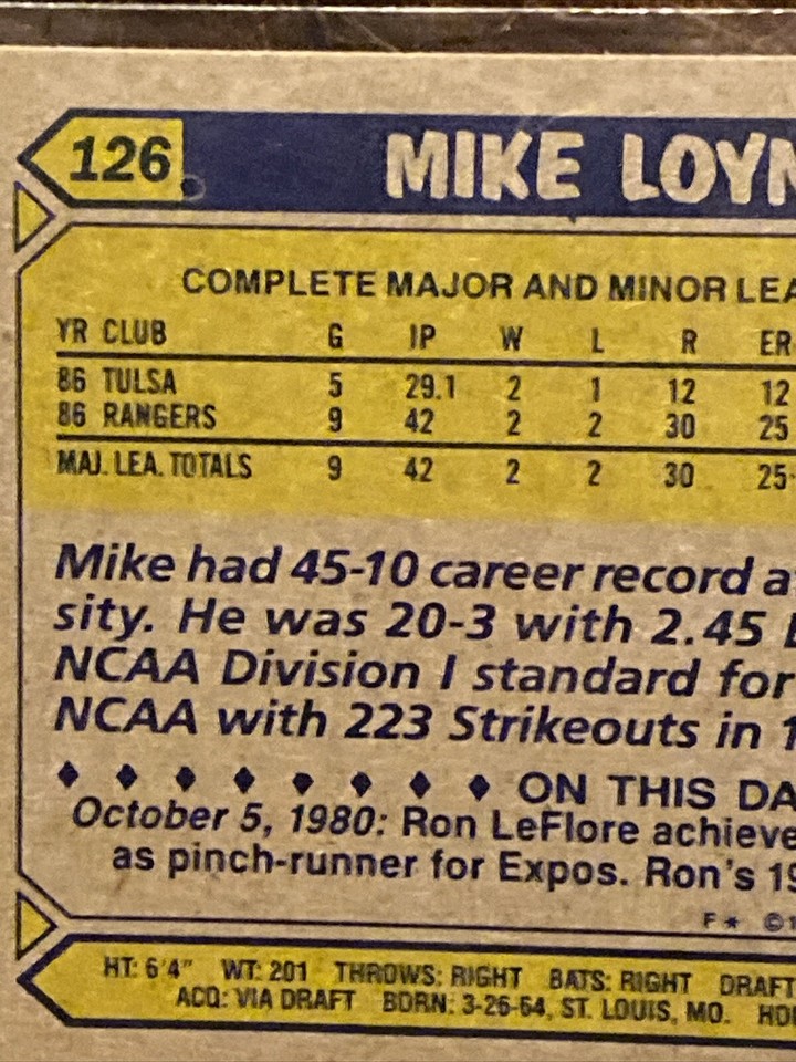 1987 Topps #126 Mike Loynd Texas Rangers Rookie Card IN ABSOLUTE MINT ...