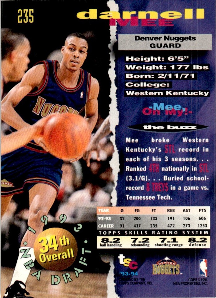 1993-94 Stadium Club Basketball Card Darnell Mee Denver Nuggets #235 | eBay