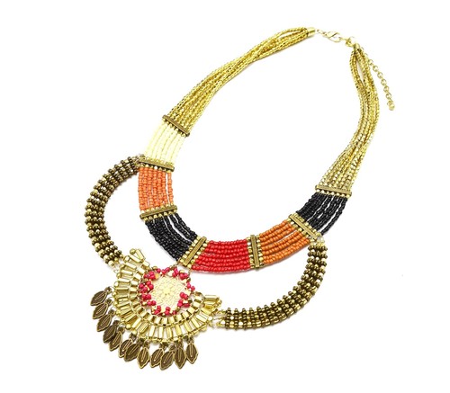 CC816 - Collier Multi-Rangs Perles de Rocaille et Pendentif Ethnique ...