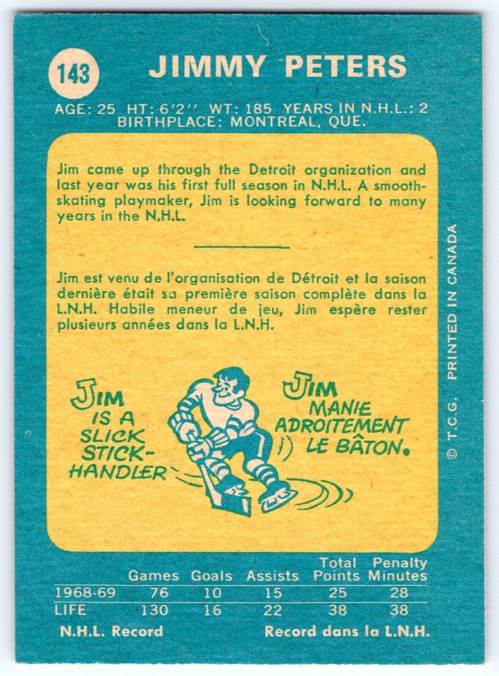 JIMMY PETERS RC 1969-70 O-PEE-CHEE 69-70 NO 143 EXMINT 43668 | eBay
