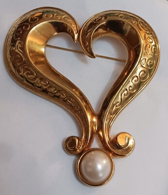 Avon Vintage Heart Pin Brooch Statement Large Faux Pearl 2 5/8 ...