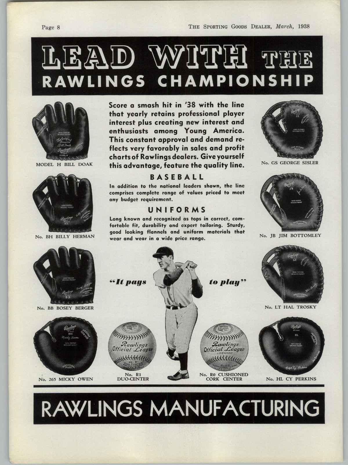 1938 PAPER AD Rawlings Baseball Glove Model H Bill Doak Micky Owen Hal ...