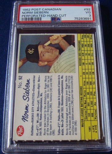 1962 Post Cereal CANADIAN #92 NORM SIEBERN psa 3 HC KANSAS CITY ATHLETICS (691) | eBay