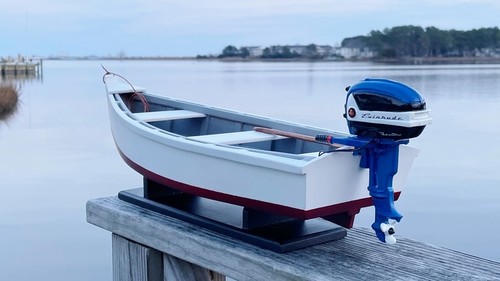 WOODEN SKIFF MODEL, WITH MINIATURE BLUE EVINRUDE OUTBOARD, FOR CRABBING ...