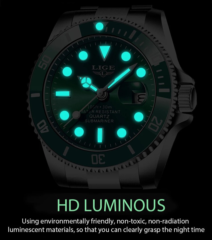 LIGE Mens Wristwatch Luxury Quartz Green Waterproof Sports Silver Watch ...