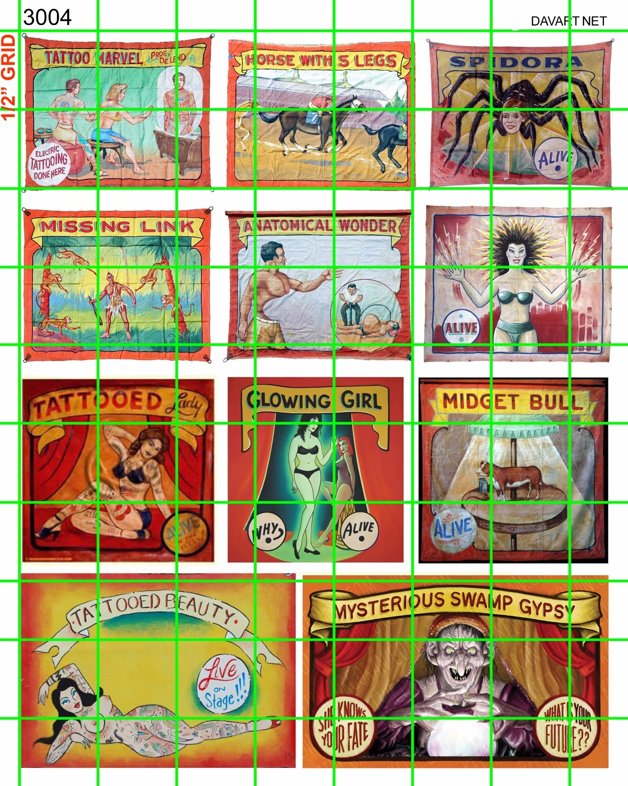 3004 DAVE'S DECALS SIDESHOW FREAKSHOW BANNERS MIDGET BULL TATTOO LADY ...