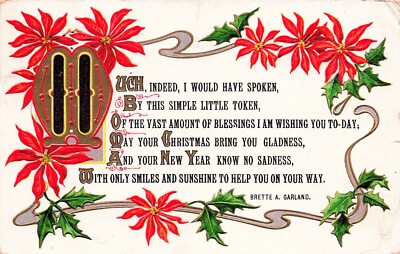 Antique Christmas Card Brette Garland Poem Large Poinsettias Vtg ...
