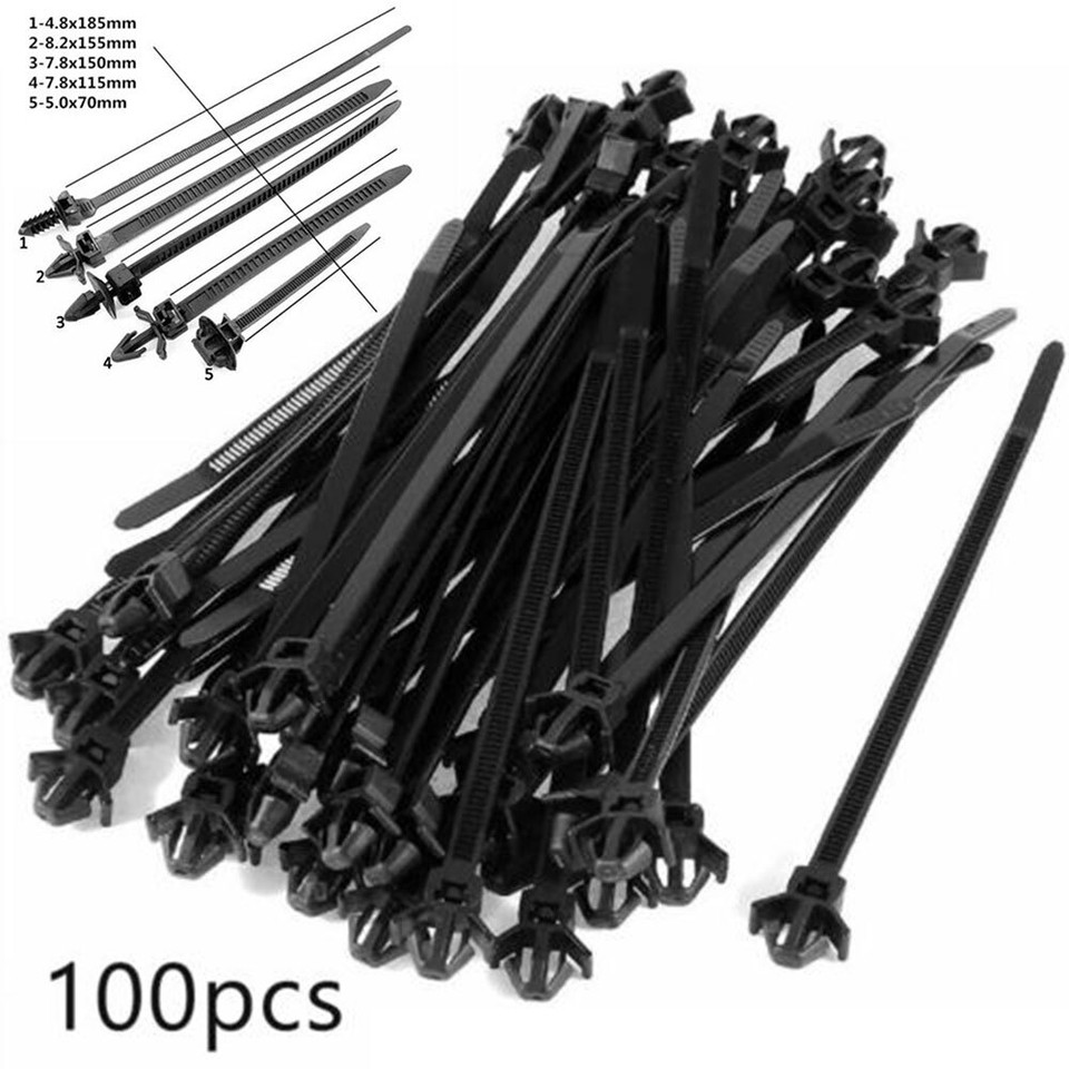 100PC Car Line Cable-Ties Zip Wrap Push Rivet Clip Wiring Loom Harness ...
