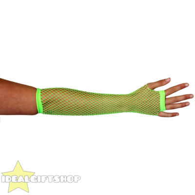 LONG GREEN NEON FISHNET GLOVES MESH NET FINGERLESS 1980'S FANCY DRESS ...