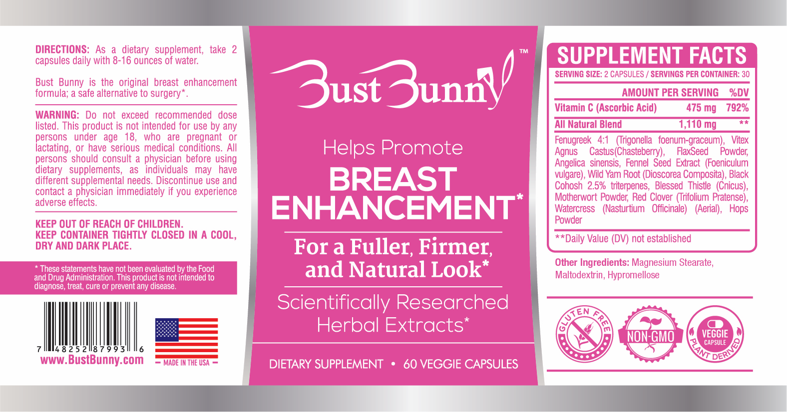 Bust Bunny All Natural Breast Supplement w/Vitamin C! - 6 Month Supply ...