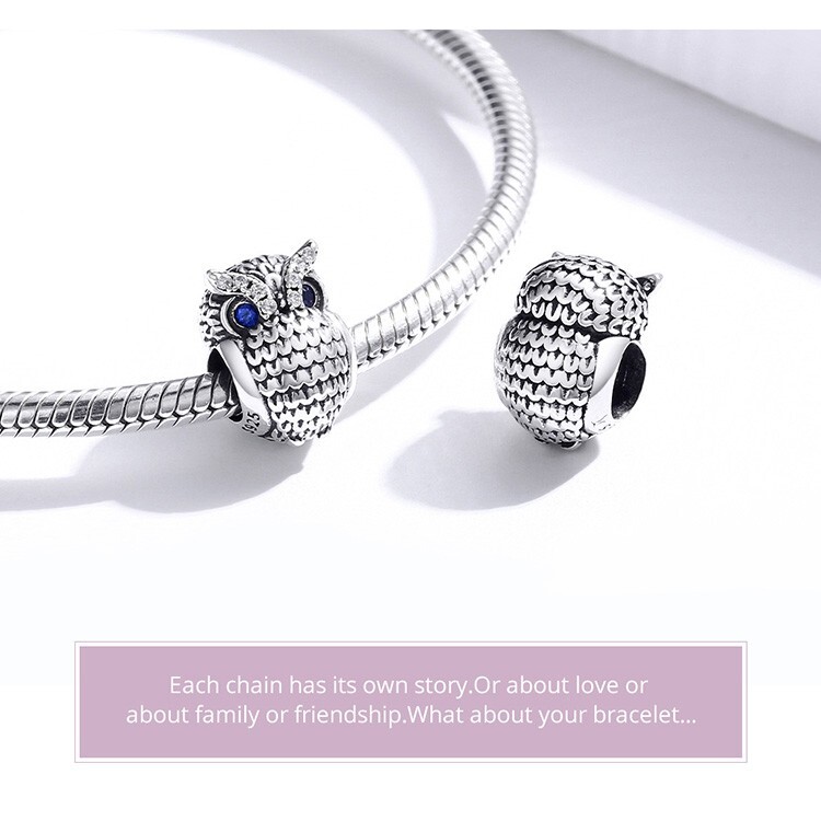 Owl Charm Bead Stunning Bird Cubic Zirconia Genuine 925 Sterling Silver ...