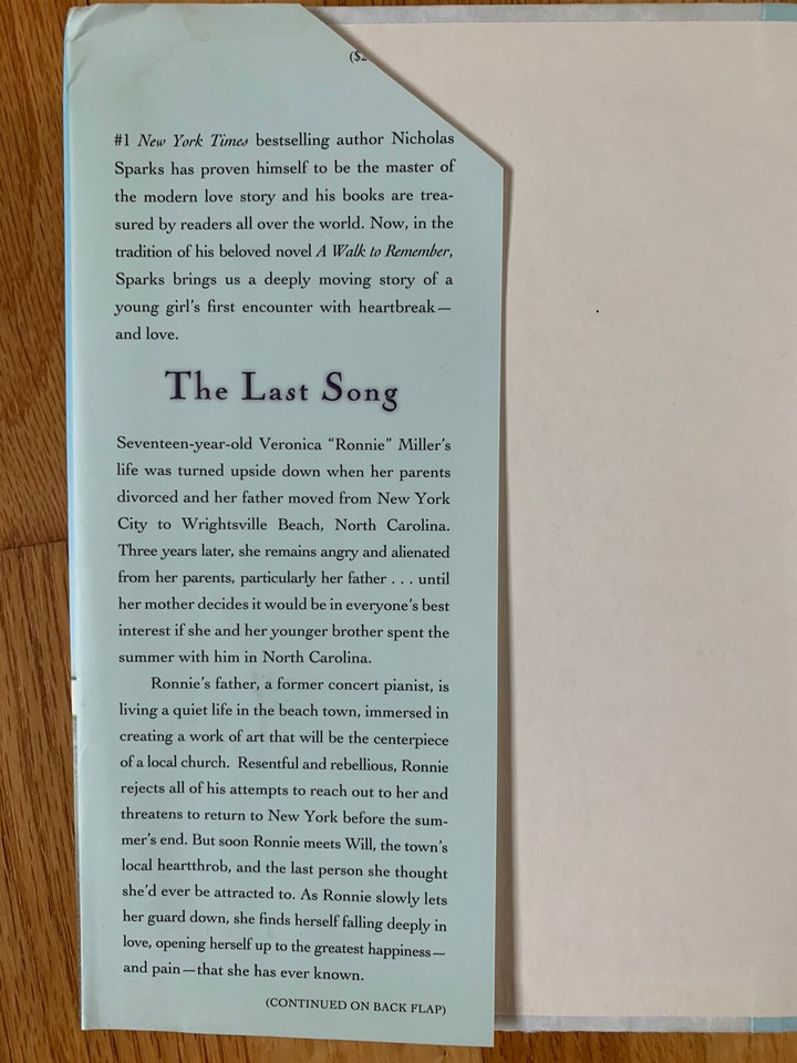 The Last Song Book Nicholas Sparks Hardcover Pre-owned 9780446547567| eBay