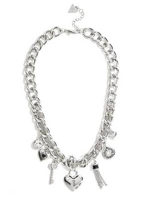 GUESS SILVER TONE,WOVEN CHAIN HEART,CRYSTALS,LOCK,KEY,CLUSTER,TASSEL ...