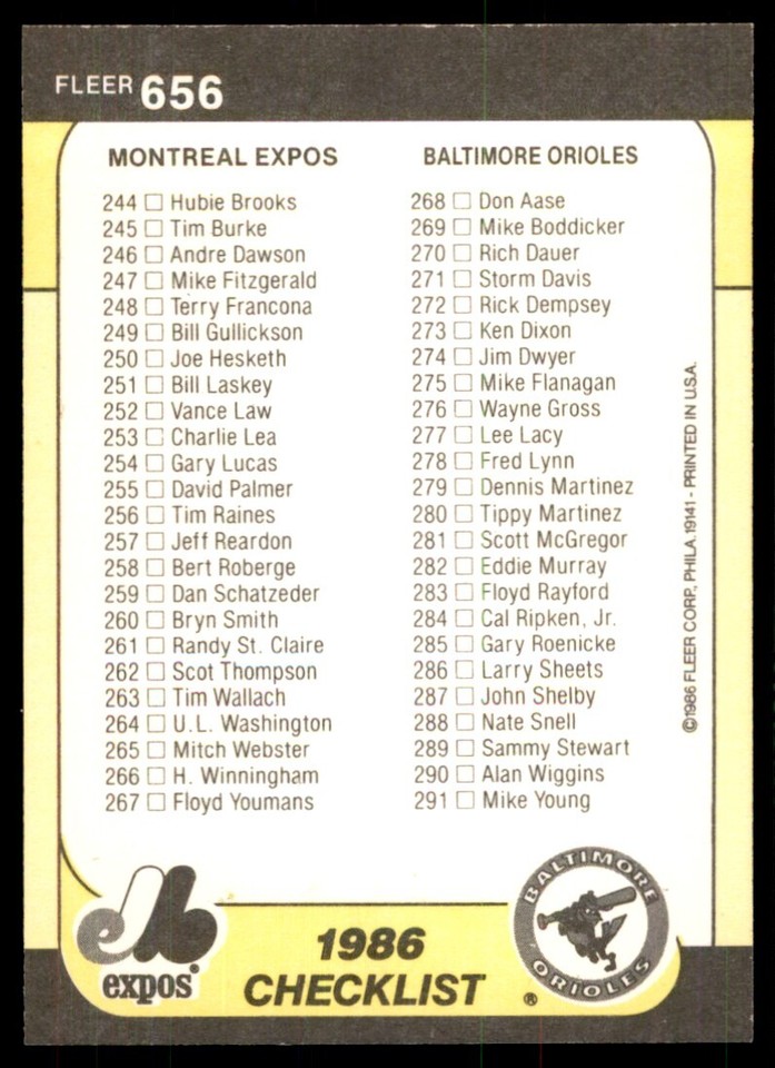 1986 Fleer Checklist: White Sox/Tigers/Expos/Orioles Chicago White Sox ...