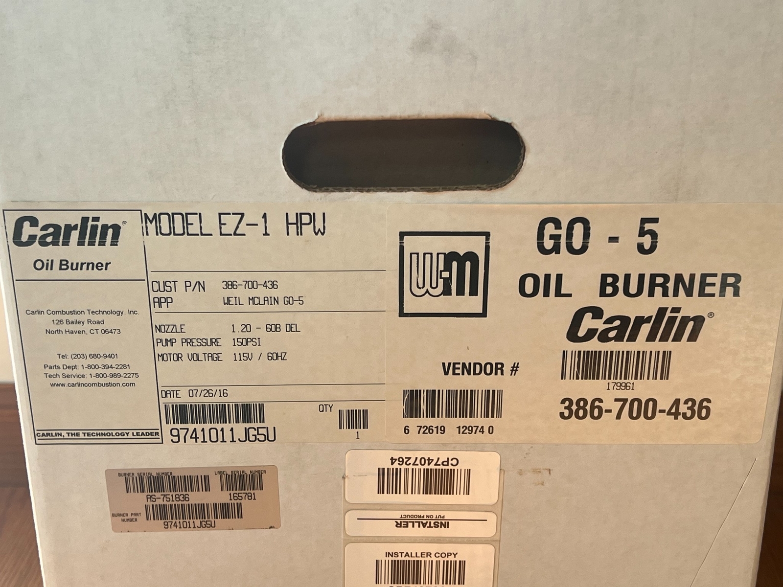 Carlin EZ Series Oil Burner EZ-1HPW P/N 386-700-436 Weil-McLain Go-5 ...