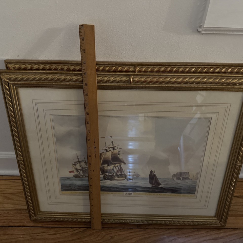 Framed Etching Tall Ships Schooner Bean Cod w/ View Sailing Clipper ...