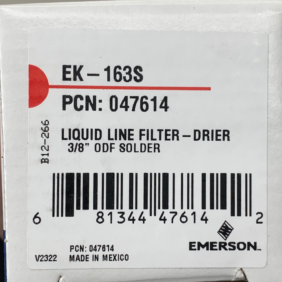 EMERSON Liquid Line Filter Drier, Compacted Bead EK163S - 3/8" 16 in³ ...