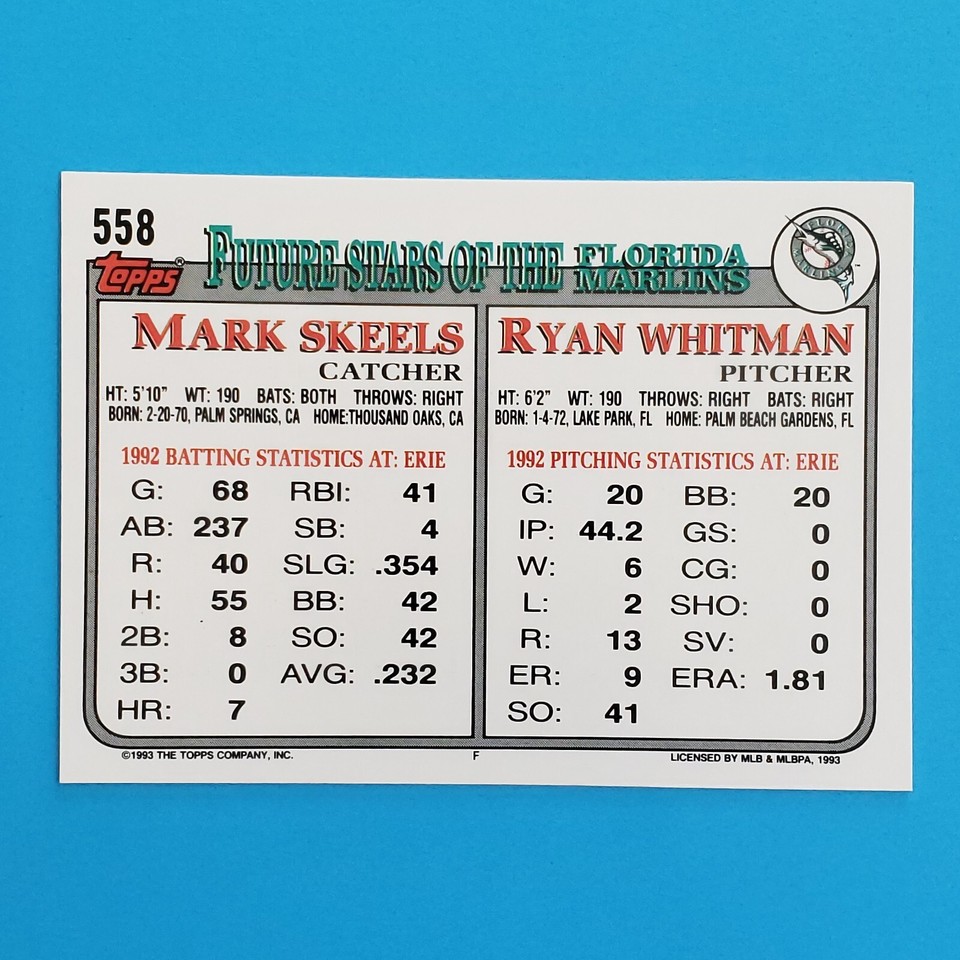 1993 Topps #558 Mark Skeels, Ryan Whitman RC, FS, Florida Marlins ...