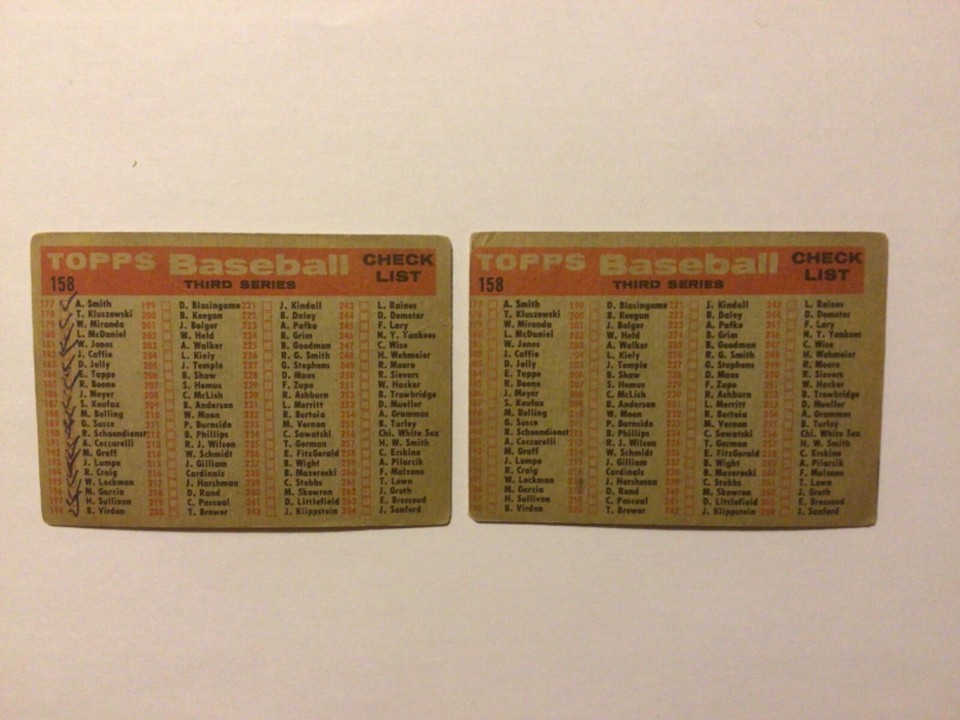 1958 TOPPS BASEBALL LOT OF 2 TEAM CHECKLIST CARDS - # 158 INDIANS | eBay