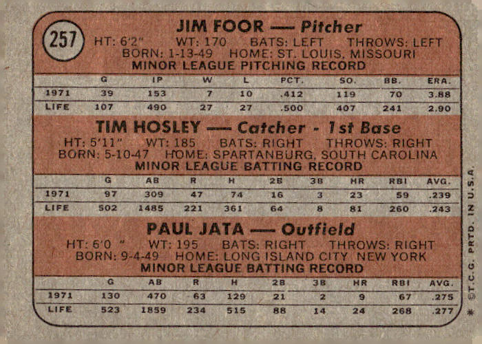 1972 Topps - #257 Tigers Rookies - Jim Foor / Tim Hosley / Paul Jata RS ...