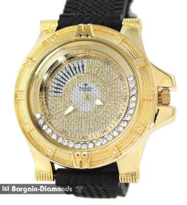 Mens Big Natural Diamond Gold tone Clubbing Watch CZ Race Gold Dial ...