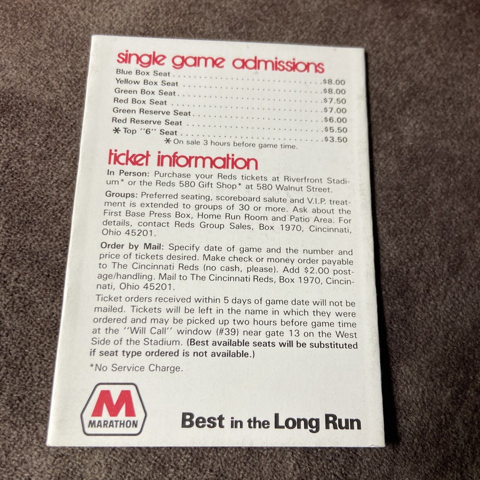 1986 Cincinnati Reds pocket schedule sponsored by Marathon | eBay