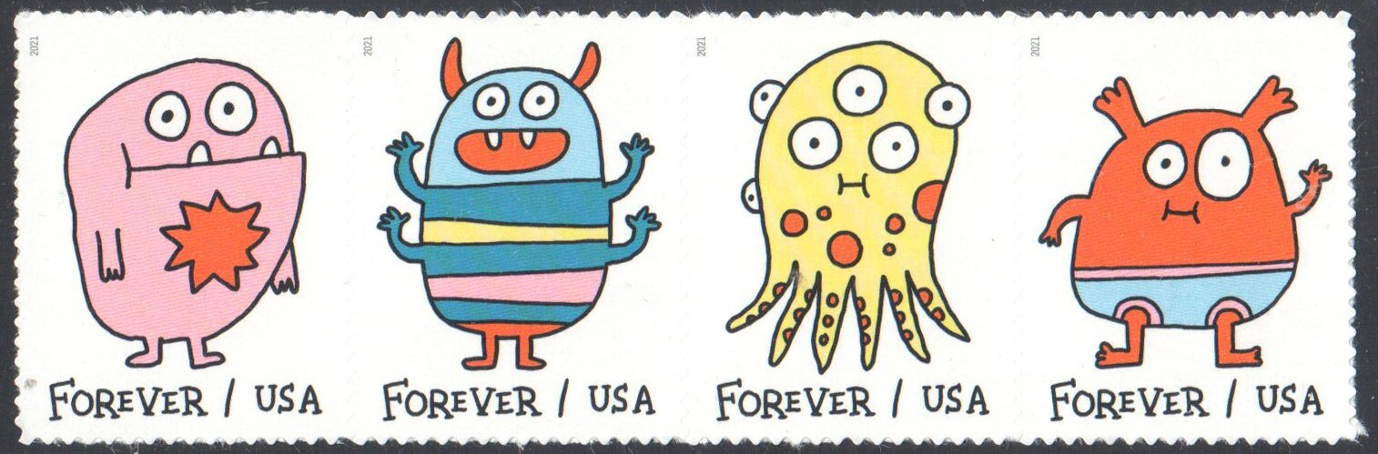 SC#5636 - 5639 - 2021 Forever - Message Monsters Horizontal Strip of 4 ...