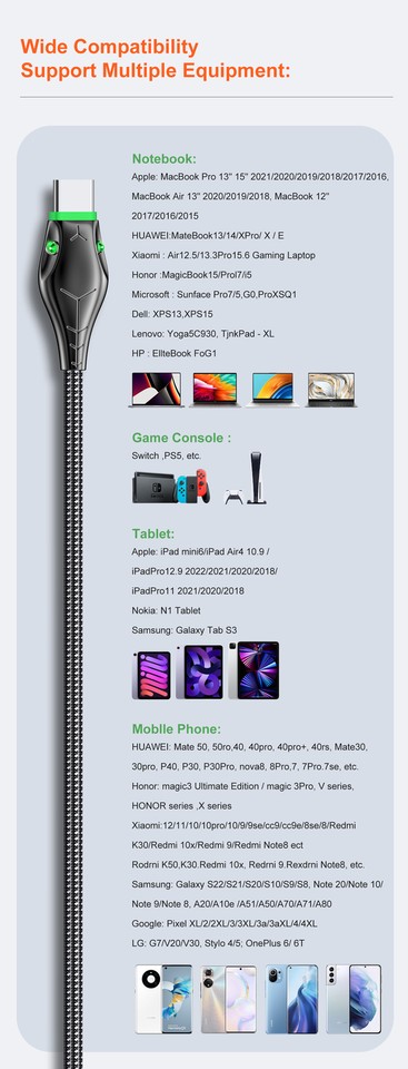 Type C to Type C Cable PD 60W Fast Charger Braided Long USB Lead LED ...