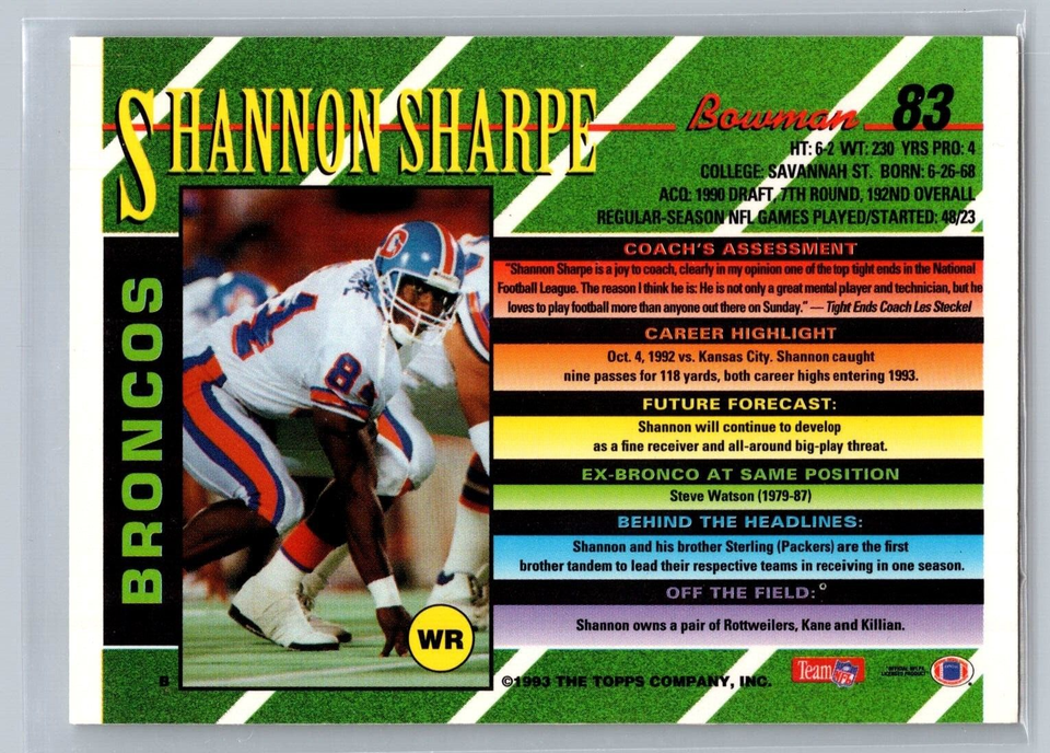 1993 TOPPS BOWMAN CARD # 83 Shannon Sharpe - Denver Broncos | eBay