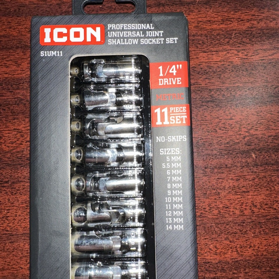Icon S1UM11 1/4"dr. Metric 11pc Professional Universal Joint Shallow ...