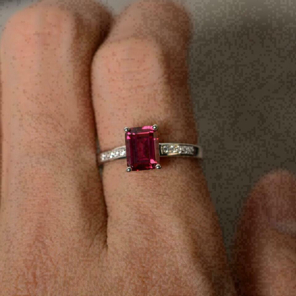 2Ct Emerald Cut Red Ruby Diamond Solitaire Engagement Ring 14K White ...
