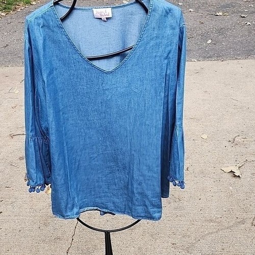 Hester & Orchard Vneck Pom Pom Bell Sleeve Blue Jean Sz. XL Tunic | eBay