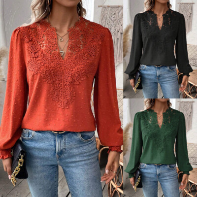 Womens Ladies Lace V-Neck T Shirt Loose Casual Blouse Long Sleeve ...