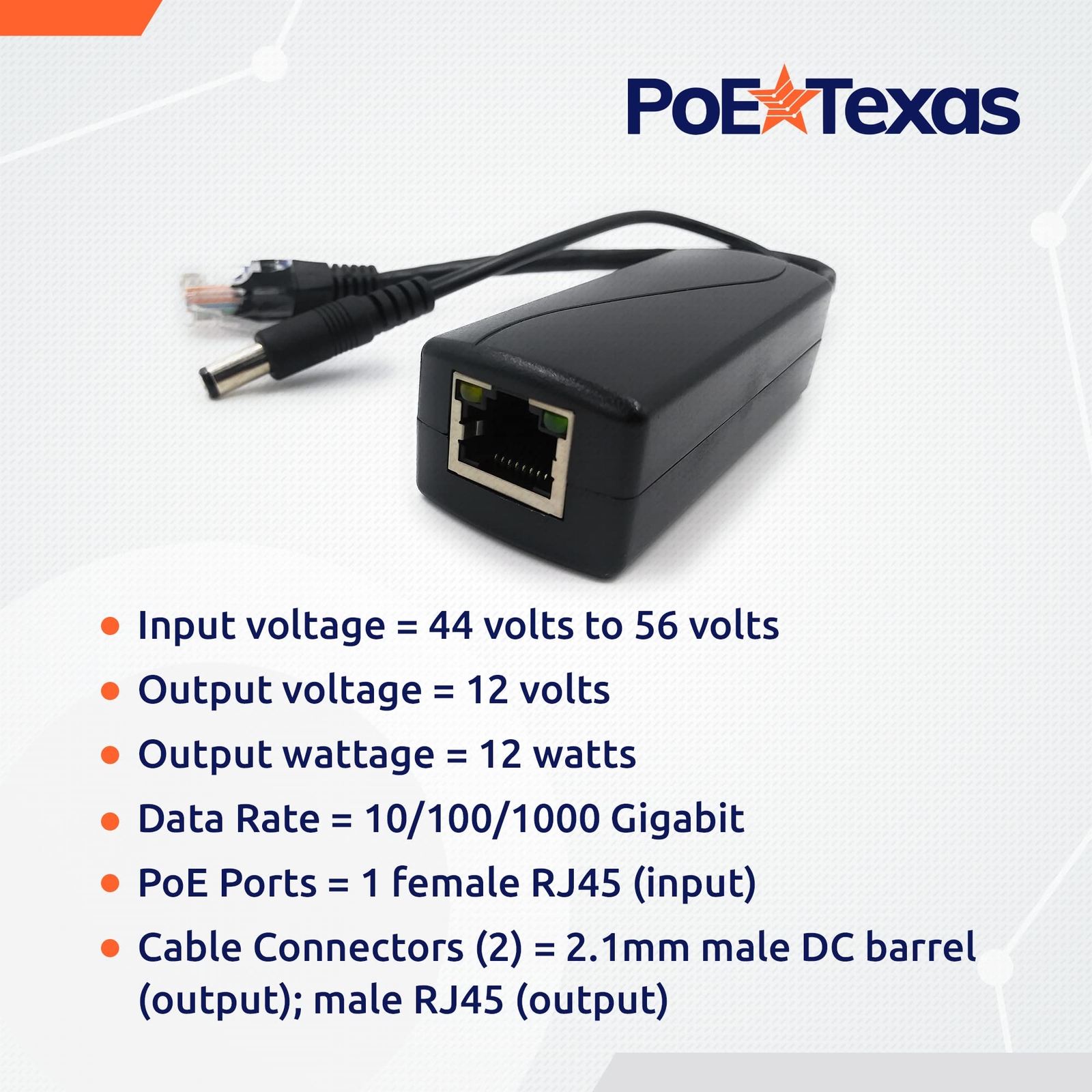 WT-GAF-12v12w 802.3af Gigabit Poe Splitter with 12 Volts output. Power ...