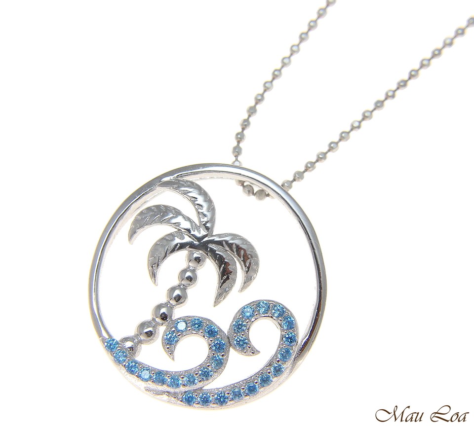 925 Silver Hawaiian Palm Tree Genuine Blue Topaz Ocean Wave Pendant | eBay