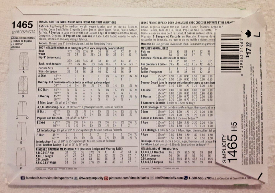 Simplicity Pattern 1465 Misses' Skirt in 2 Lengths Sewing Craft Project ...