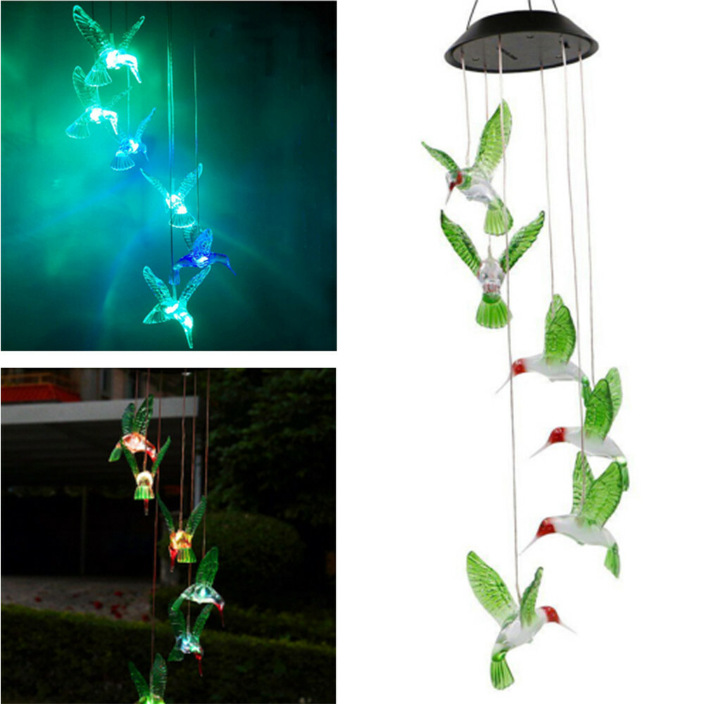 Color-Changing LED Solar Powered Hummingbird Wind Chime Lights Yard ...
