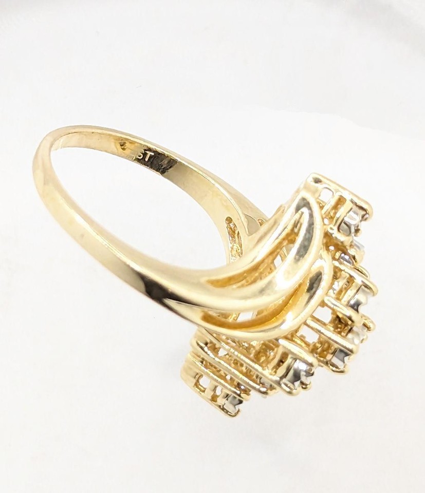 14K Yellow Gold 5.8g Illusion Diamond Cluster Bypass Split Shank Ring ...