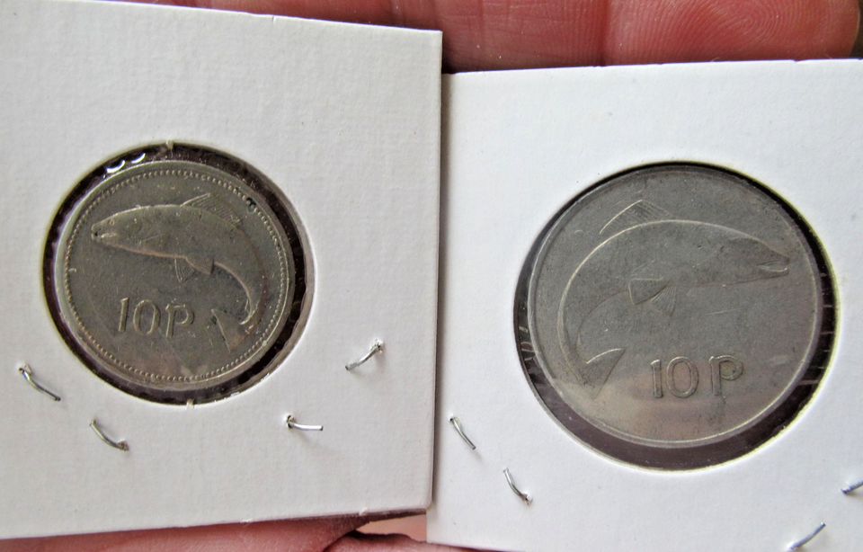 (2) Two 1969 & 1993 Ireland 10 P Coin Eire Salmon / Irish Harp Ten ...