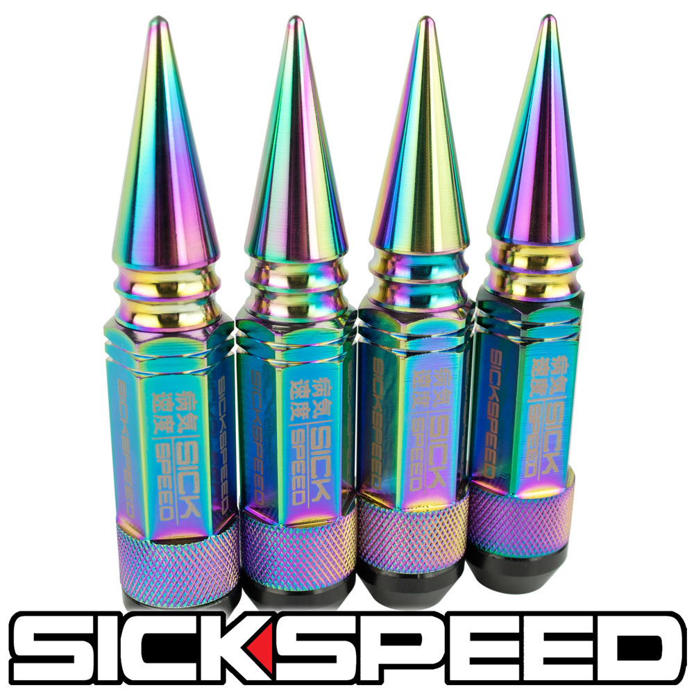 SICKSPEED 4PC NEO CHROME SPIKED ALUMINUM EXTENDED 108MM 3PC LUG NUTS ...