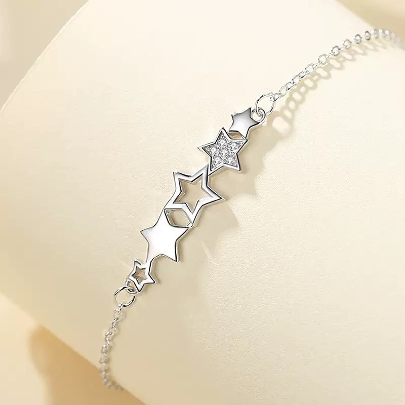 925 Sterling Silver Crystal Star Linked Charm Bracelet Women Jewellery ...